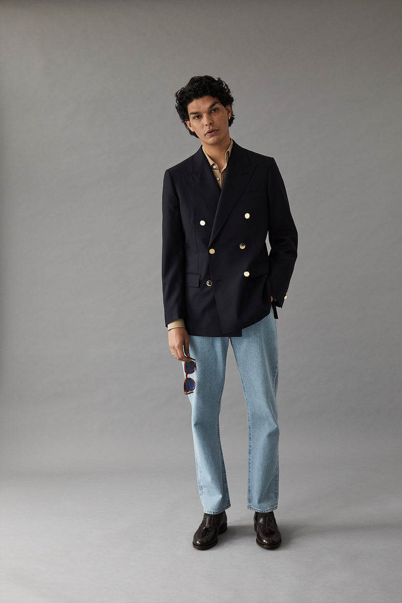 Navy Hopsack Double Breasted Blazer | Oscar Hunt